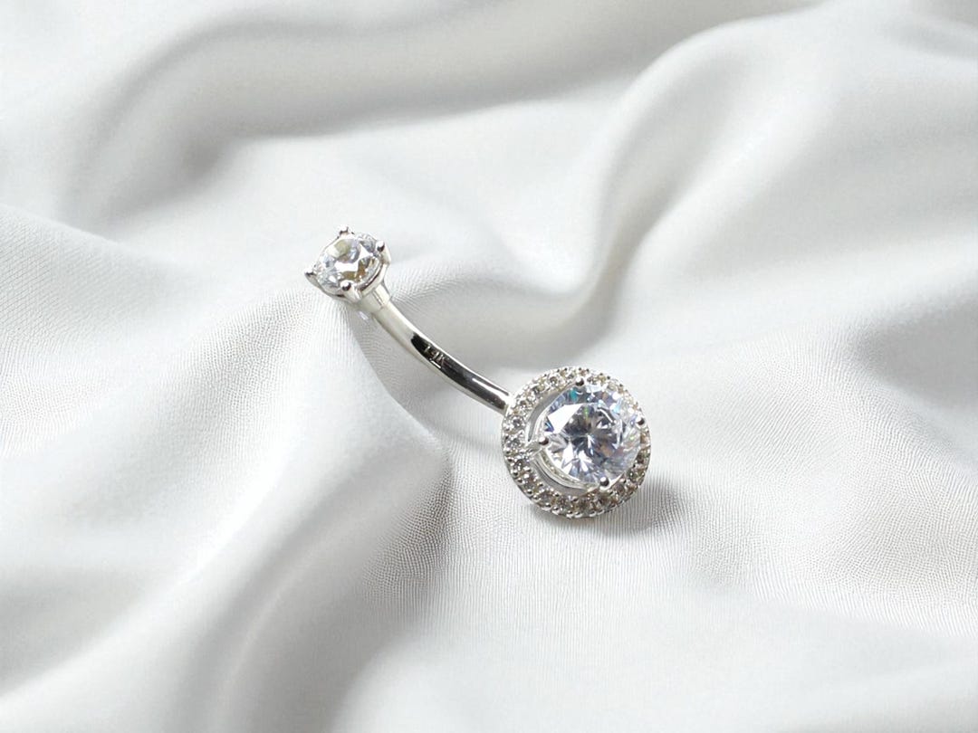 14K White Gold Belly Ring, Round Gem Halo Design Real White Gold Belly ...