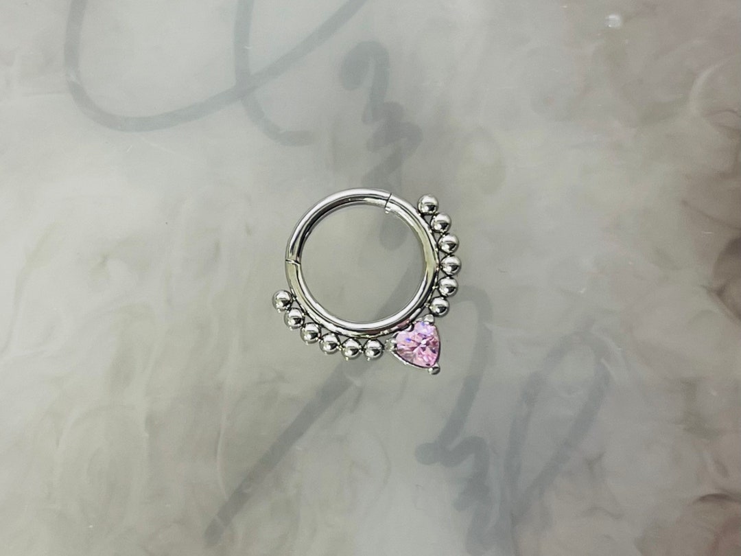 16G Pink Heart Septum Piercing Clicker Ring, Beaded Decor Pink Heart ...