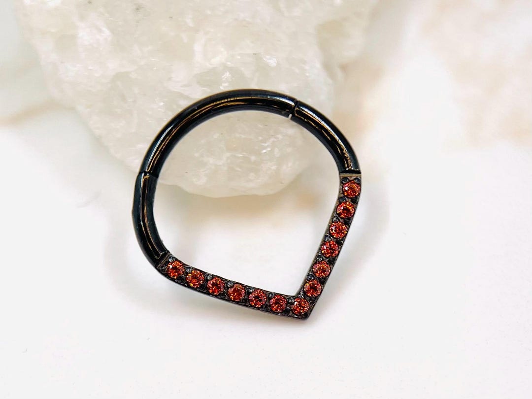 Black Victorian Septum Ring, V Shape Red Gem Hinged Septum Clicker Hoop ...