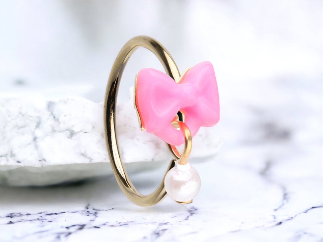 20G Bendable Pink Bow Dangling Pearl Nose Hoop Ring • Nose Ring, Nose ...