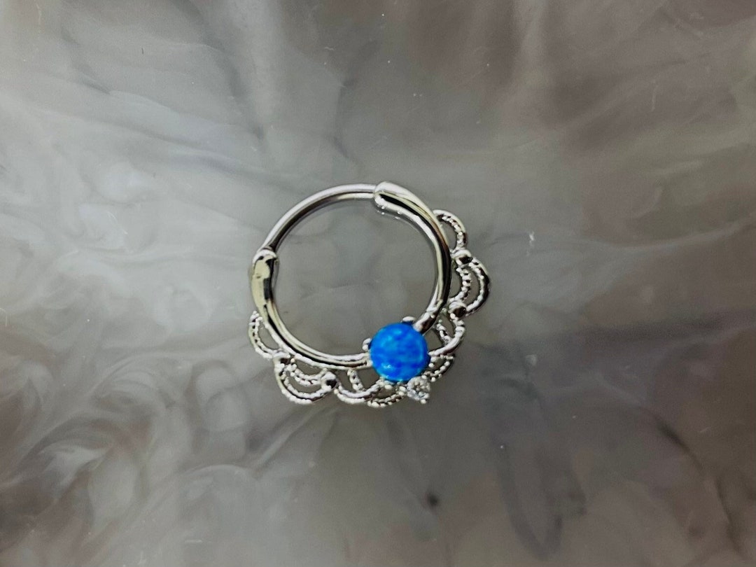 16G Blue Opal Septum Piercing Clicker Hoop Ring Decorative Design Opal ...