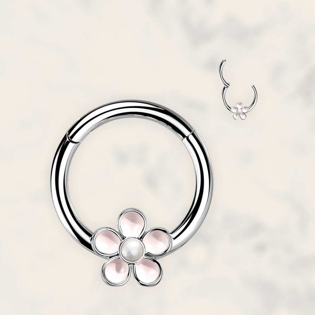 16G Flower Septum Piercing Clicker Ring, White Opal Floral Decor Front ...
