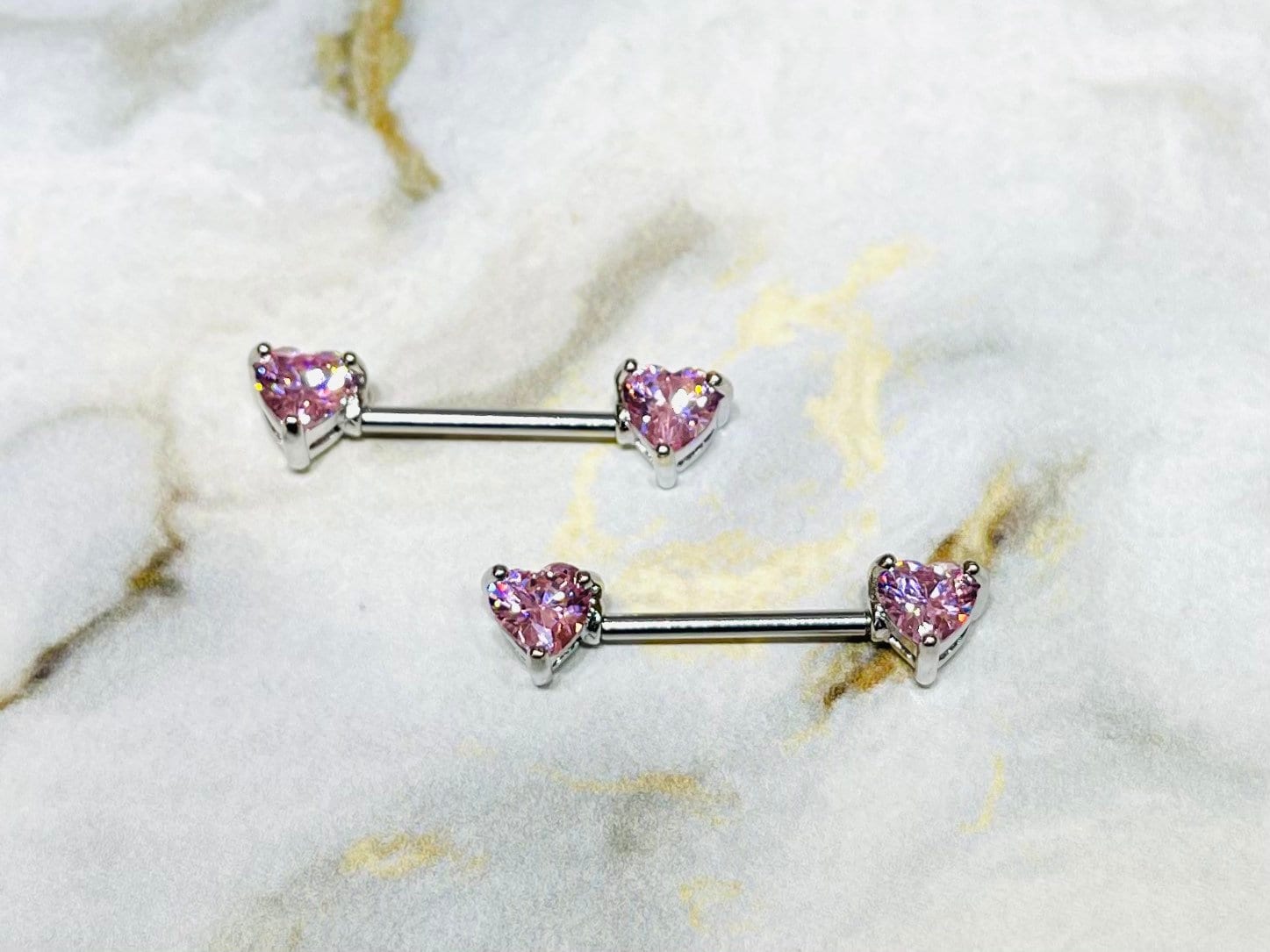 Pair of 14G Prong Set Silver Pink Heart Shape Nipple Barbells. Nipple ...