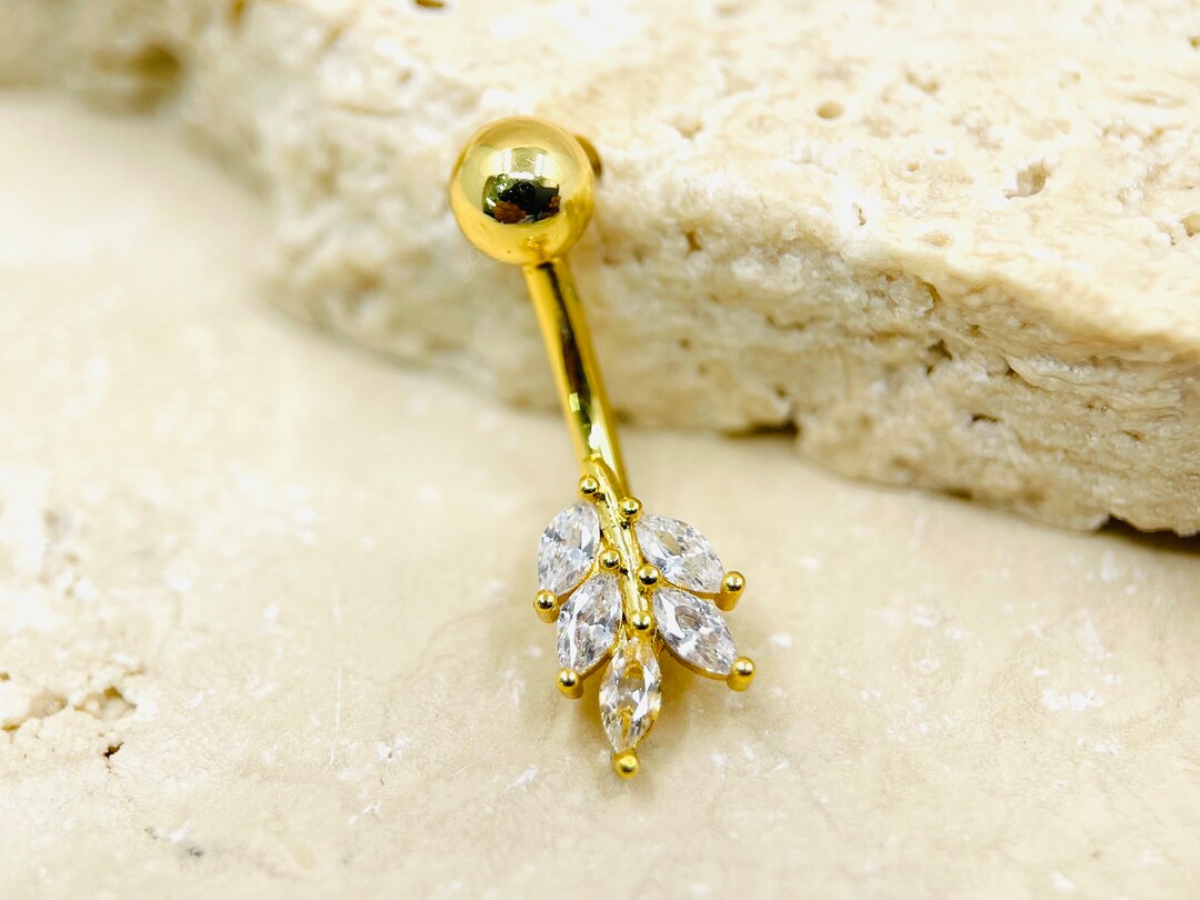 14G Gold Leaf Charm Belly Button Ring, Petite Dainty Belly Button ...