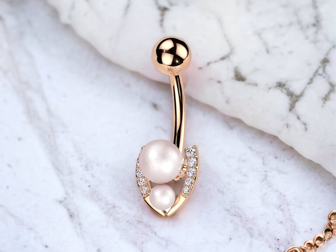 Rose Gold Pearl Belly Button Ring Piercing, Dainty Belly Button Ring ...