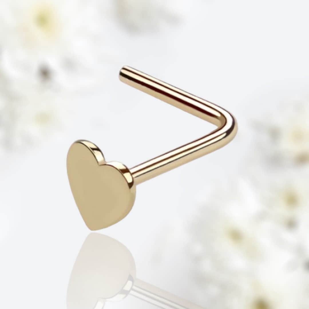 14K Gold Heart L Shape Nose Stud, Plain Heart Top 20g Nose Piercing ...