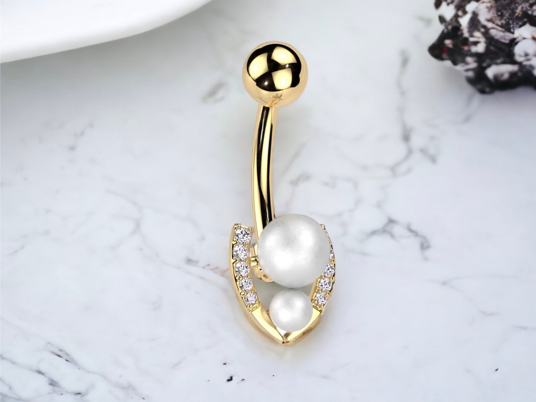 14G Gold White Pearl Belly Button Ring Piercing - Etsy