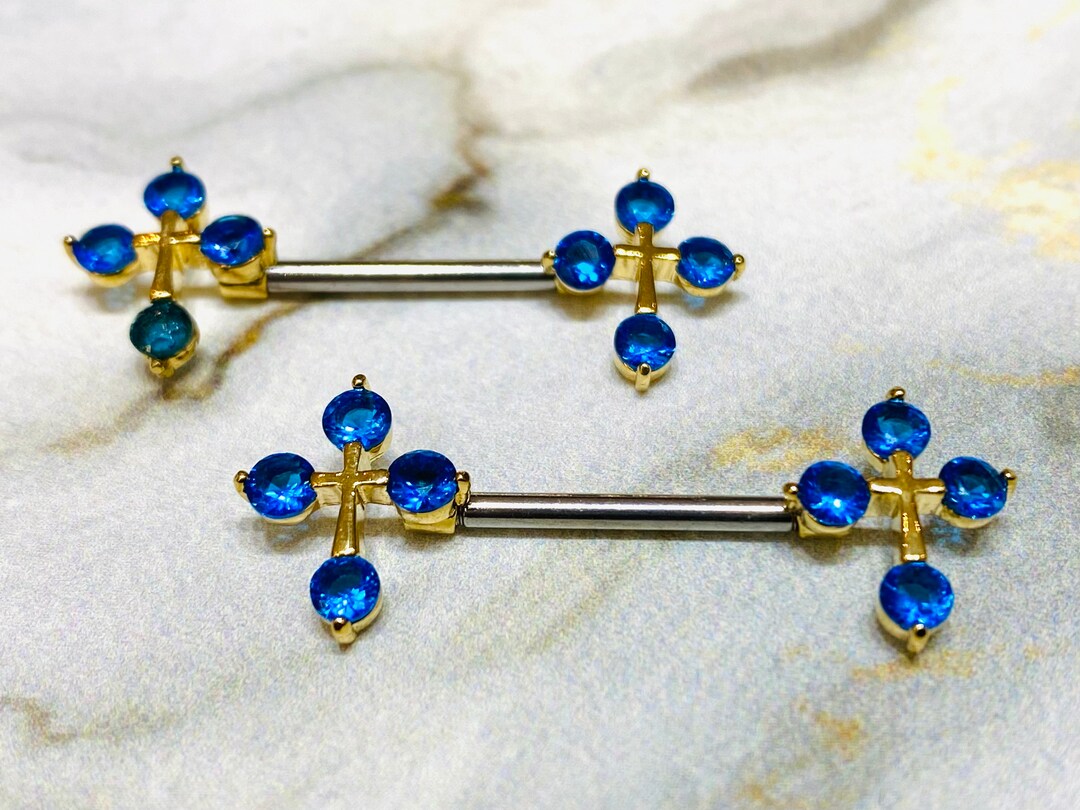 14G Gold & Blue Stones Cross Ends Nipple Piercing Barbells, Nipple ...