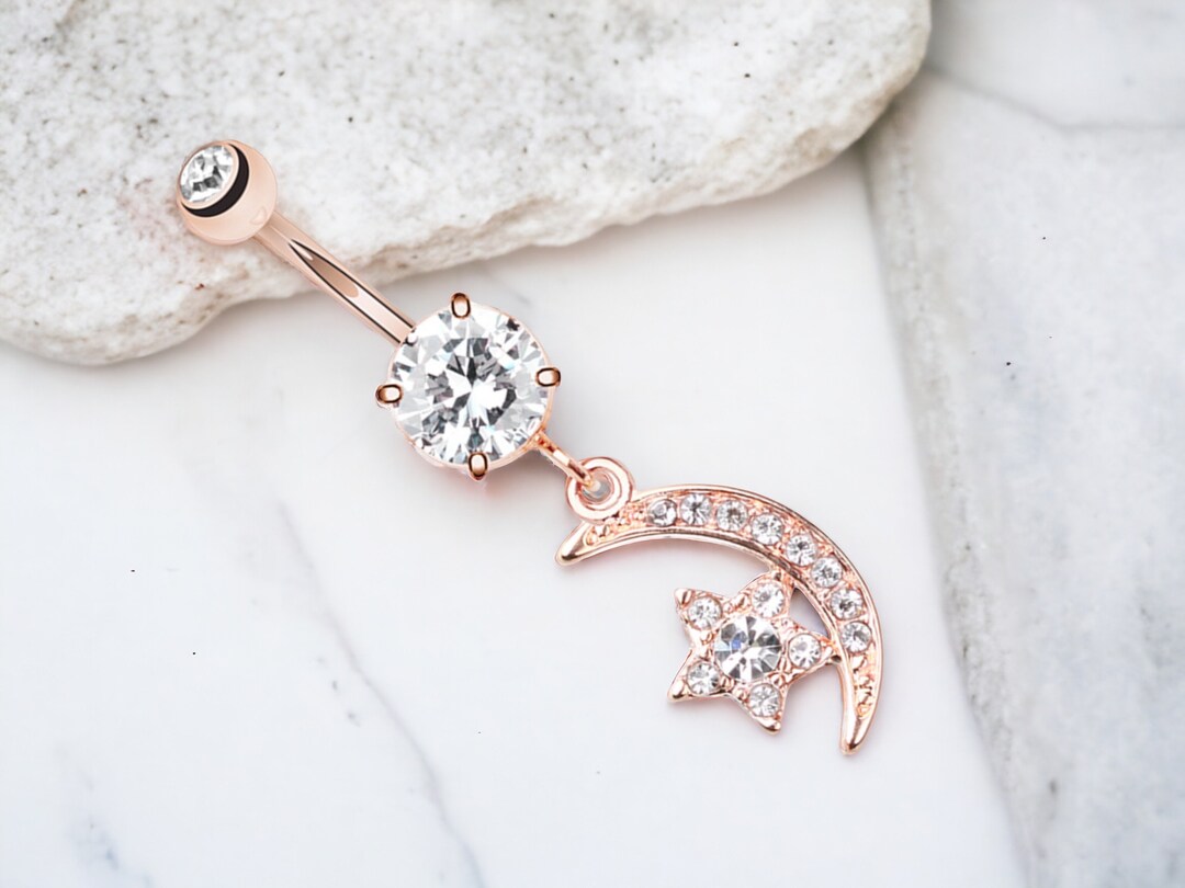 Rose Gold Moon Belly Ring, Sparkle Moon & Star Decor Dangle Belly ...