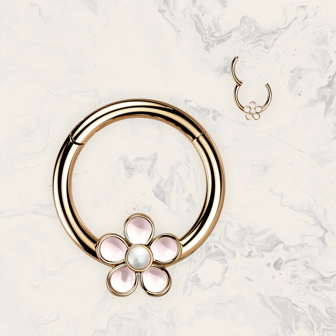 16g Flower Septum Piercing Clicker Ring, Cute Opal Floral Decor Front ...