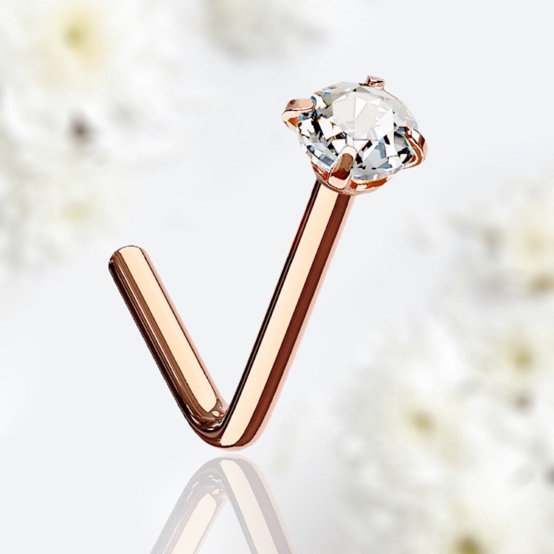 20G Rose Gold Gem Top L Shape Nose Piercing Stud, Simple Style Everyday ...