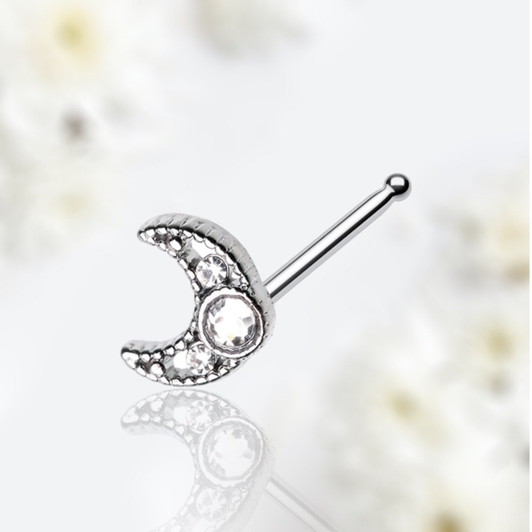 20G Crescent Moon Nose Ring Stud, Sparkle Gem Moon Decor Top Dainty ...