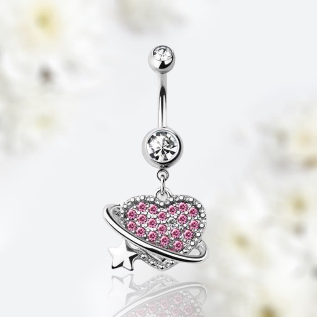 Dangling Pink Heart Belly Ring, Sparkle Pink Gem Decor Star Belly Ring ...