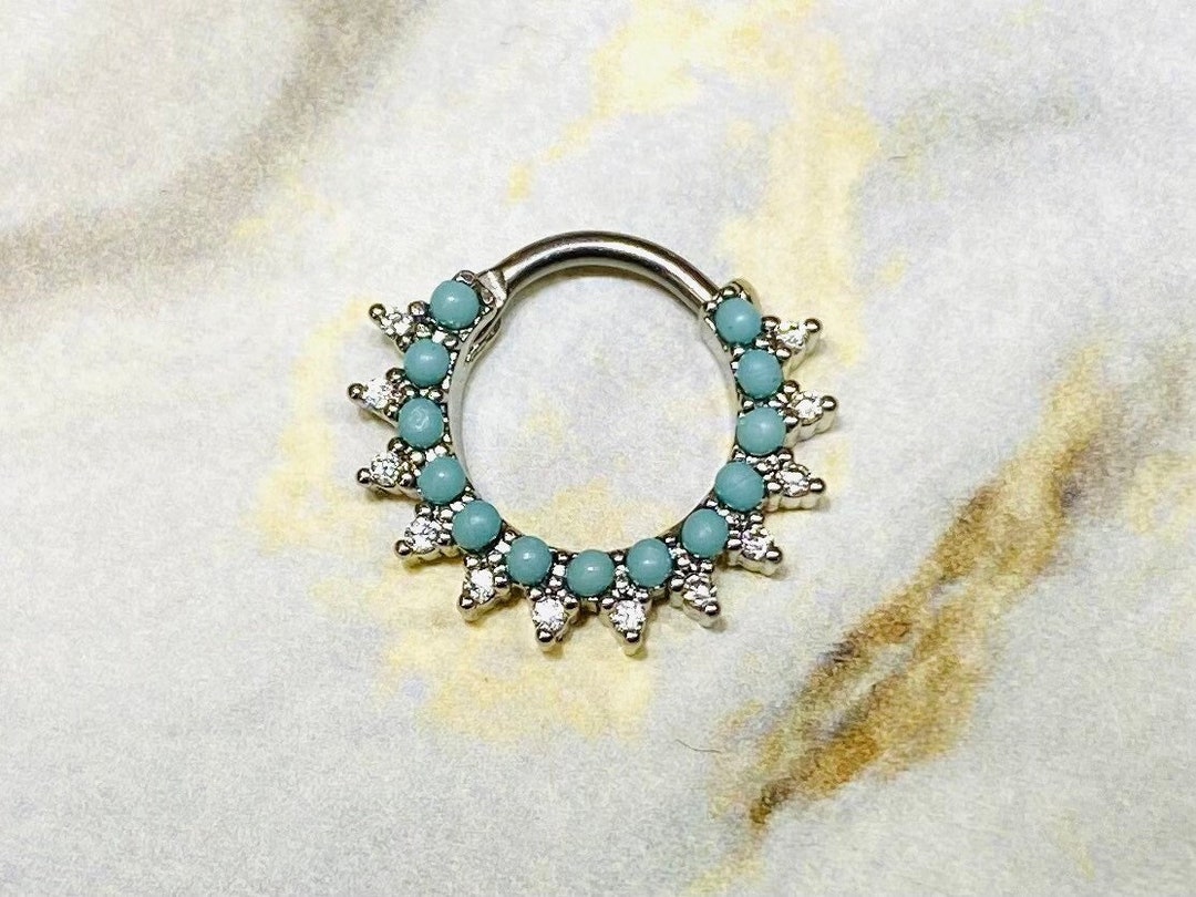 16G Turquoise With Clear Stones 10MM Bendable Septum Ring. Septum ...