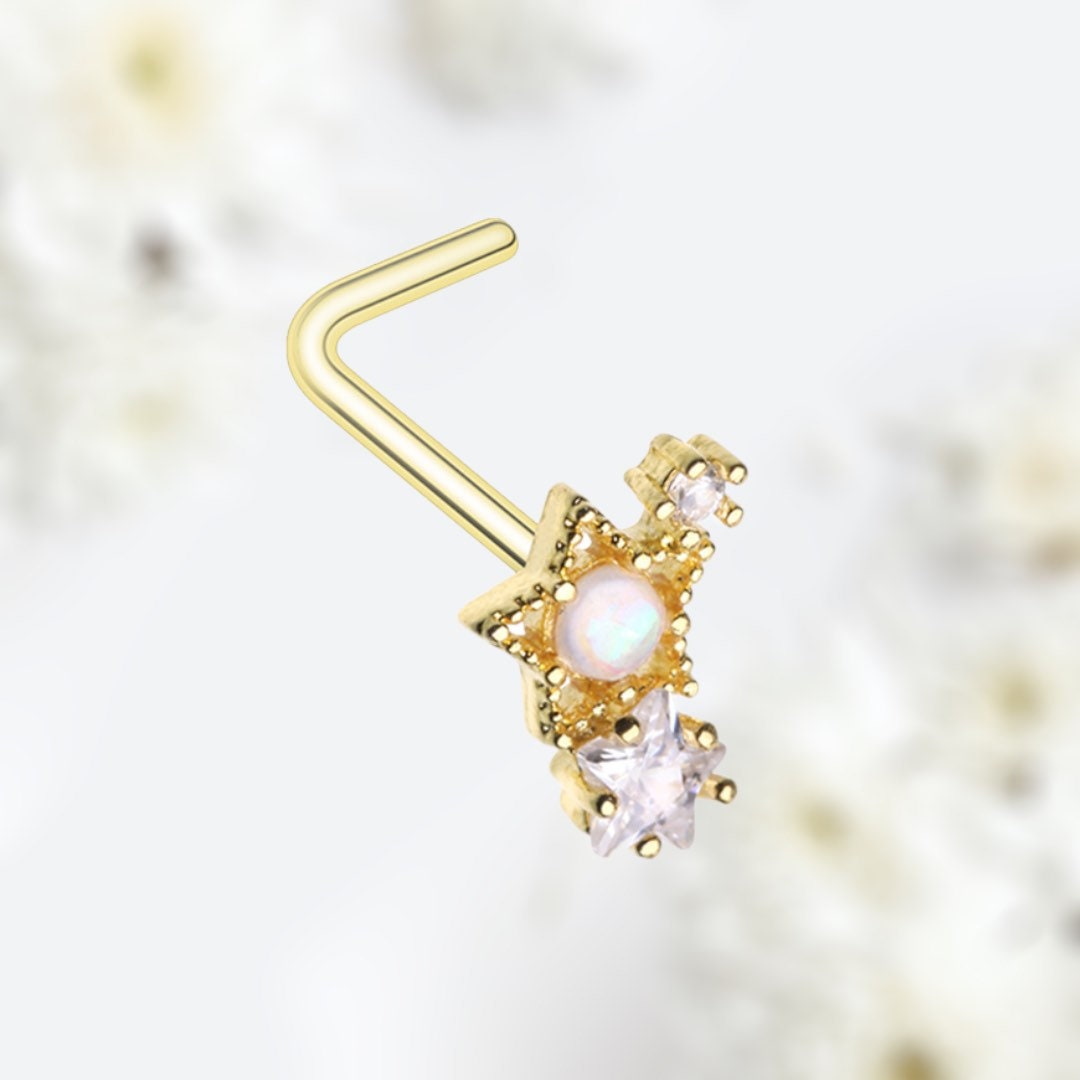 20g Gold Star Cluster L Shape Nose Stud, Star & Opal Decor Sparkle Gem ...