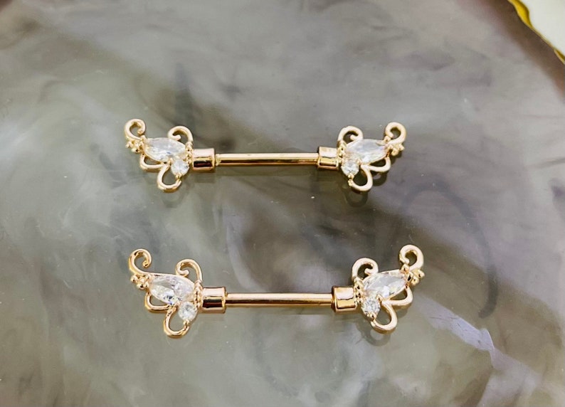 2pc 14G Rose Gold Floral Nipple Piercing Barbells, Beautiful Filigree ...