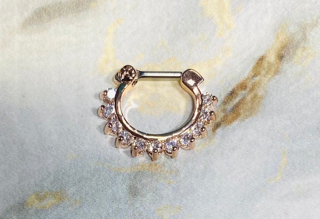16G Rose Gold Diamond Decor Front Septum Piercing Hoop Clicker Ring ...