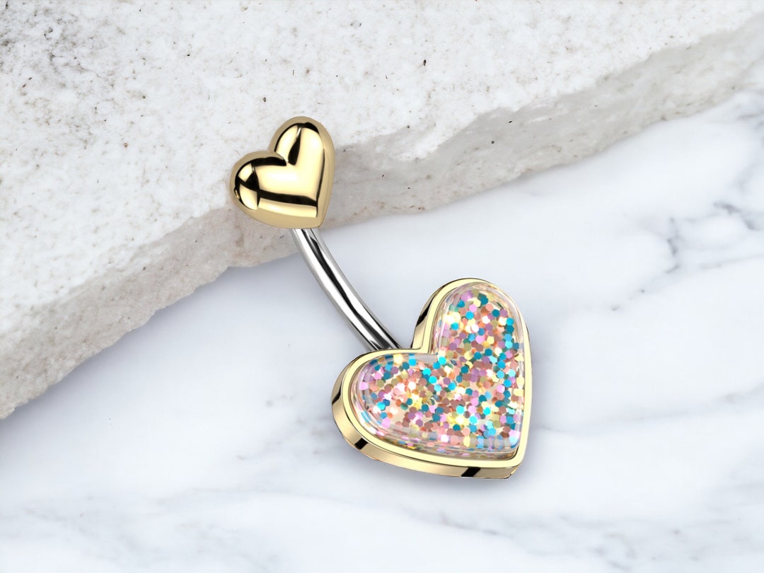 14G Cute Heart Belly Button Ring, Simple Belly Ring, Heart Top Glittler ...