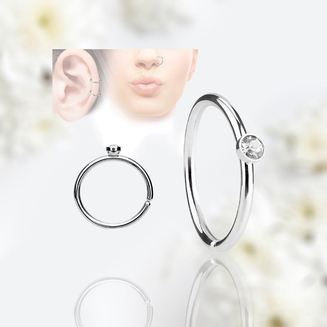 20G Gem Top Nose Piercing Hoop Ring, Simple Style Singe Gem Thin Snug ...