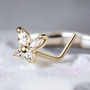 14karat Yellow Gold Clear Gem Butterfly L Shape Nose Stud. Nose ...