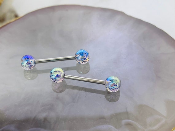 Pair of 14G Rainbow Iridescent Glitter Acrylic Ball Ends Nipple Barbells. Nipple Rings. Nipple Piercing. Nipple Jewelry. Etsy