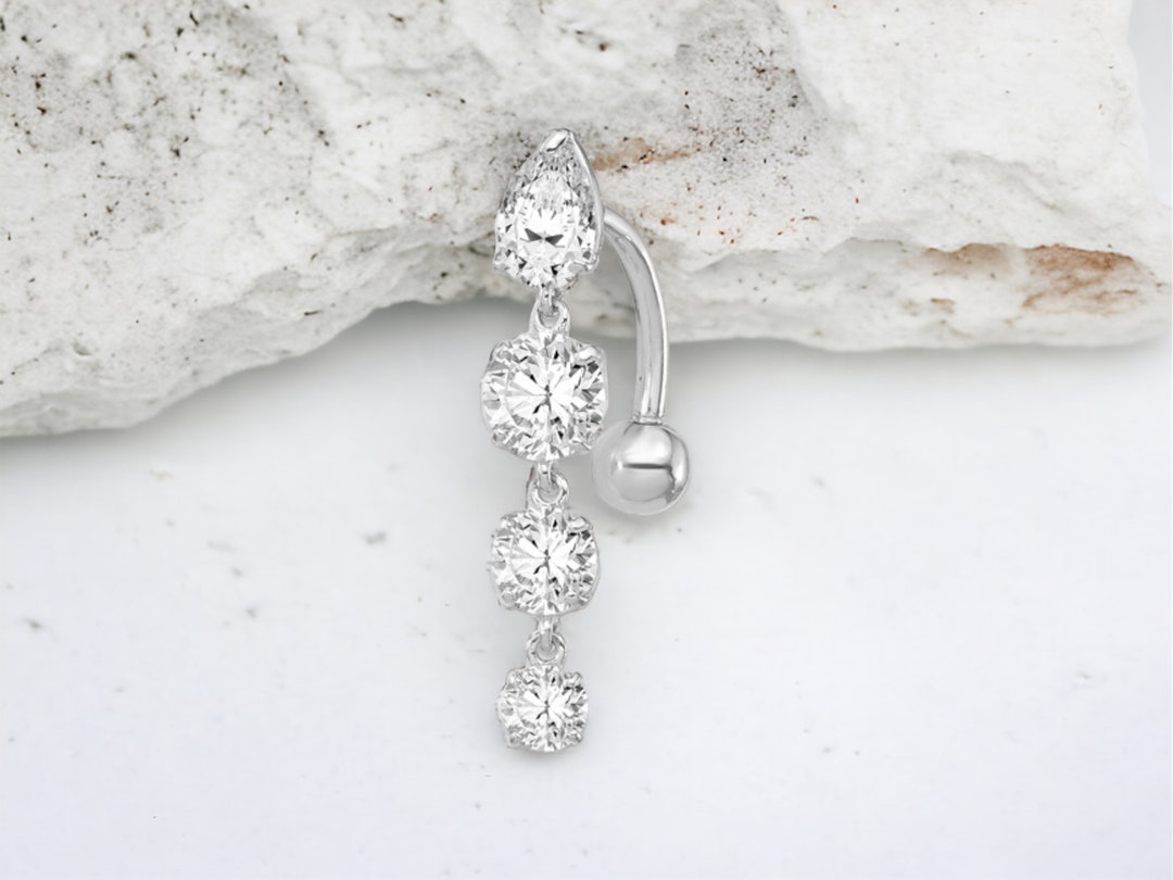 10K White Gold Dangle Belly Ring, Sparkling Gem Decor Front Reversible ...