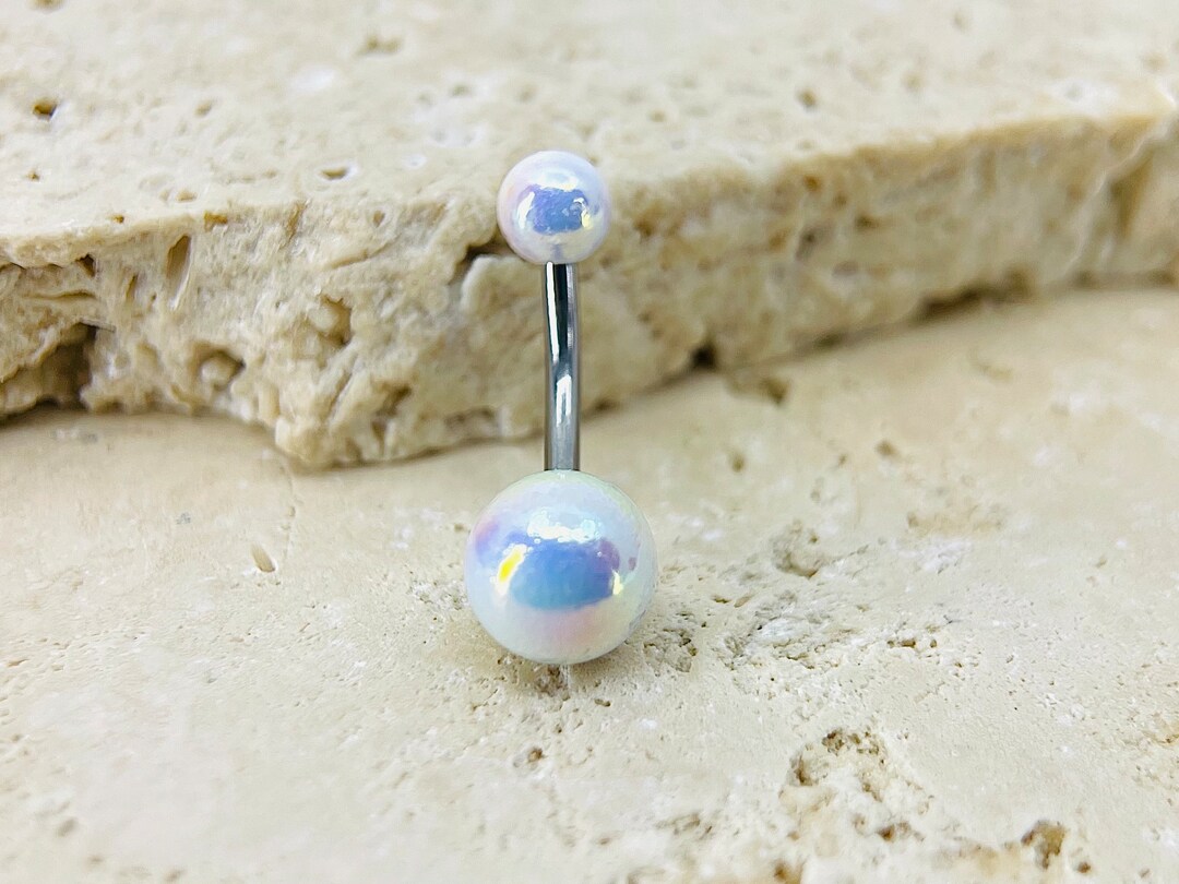 14G Simple Plain White Pearlish Belly Button Ring, Metallic White Ball ...