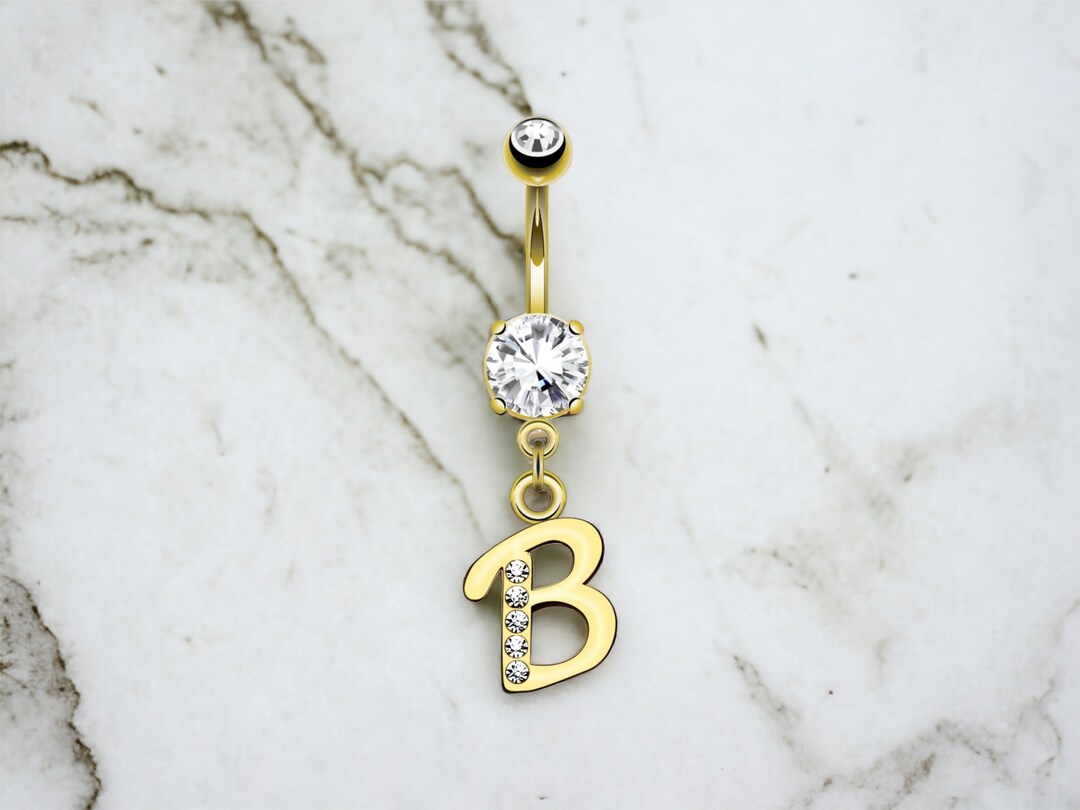 Gold Initials Belly Rings, A-Z Personalized Dangling Initial Gold Belly Button Ring Piercing ...