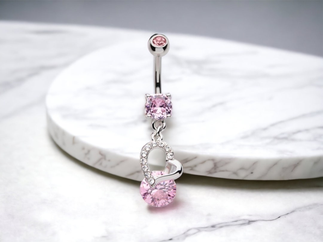 Pink Heart Belly Button Ring, Dangling Pink Heart Decor Belly Button ...