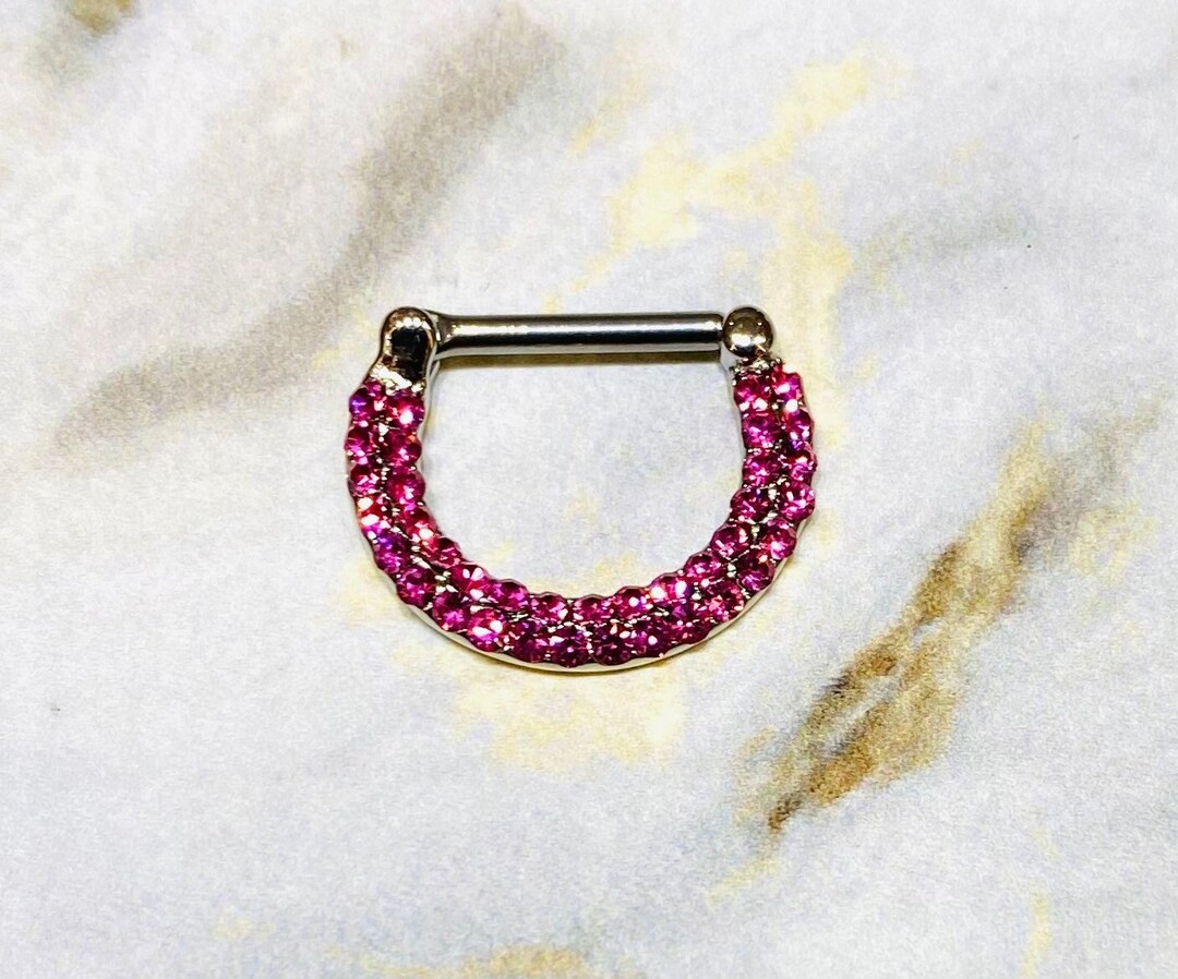 16G Pink Gem Decor Septum Piercing Clicker Hoop Ring Double Line Bling ...