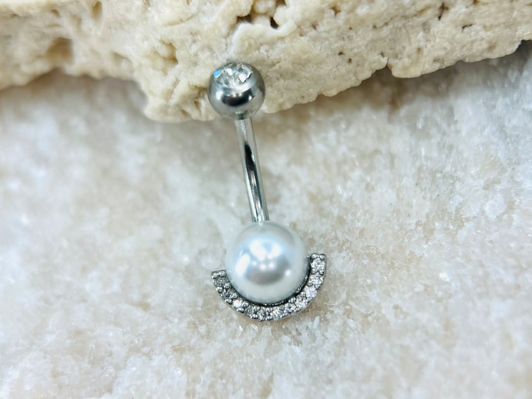 14G Silver White Pearl Dainty Belly Button Ring Piercing, Navel Ring - Etsy