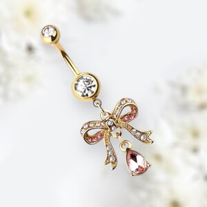 14G Gold Pink Ribbon Dangle Belly Button Ring, Pink Bow Charm Decor ...