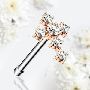 20G Rose Gold Cross Top Nose Stud Ring, Cross Symbol Decor Sparkle Gem ...