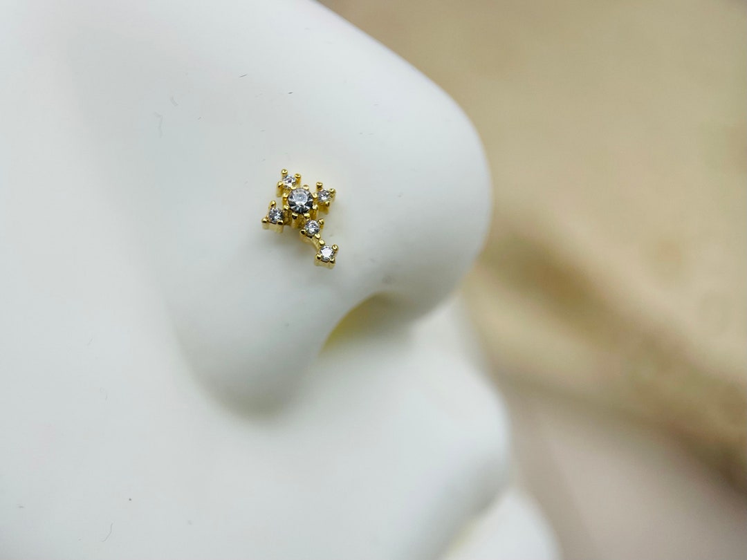 20G Gold Cross Top Nose Stud Ring, Cross Symbol Decor Sparkle Gem Nose ...