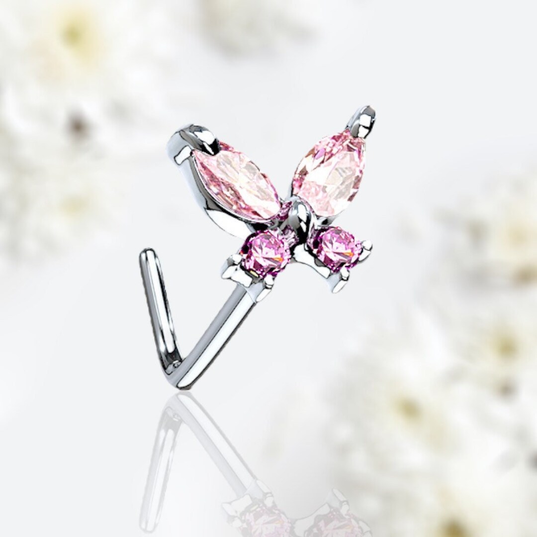 20G Pink Butterfly Top L Shape Nose Ring Stud, Cute Pink Butterfly ...