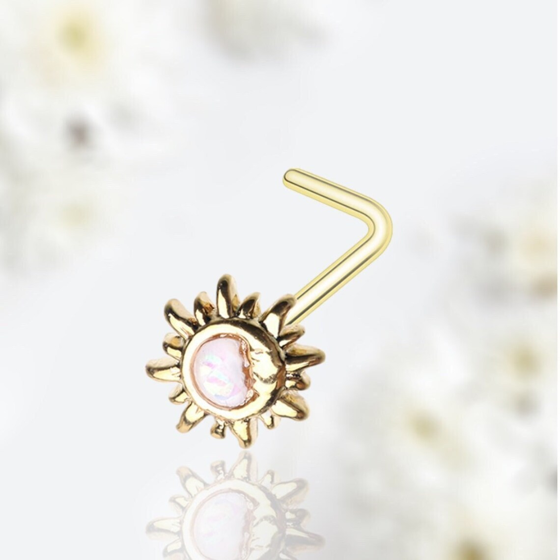 20G Gold Opal Sun L Shape Nose Stud, Rising Sun Decor L Bend Type Gold ...