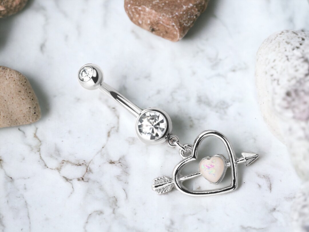 Cupid Heart Belly Ring, Silver White Opal Heart Decor Dangle Belly Ring ...