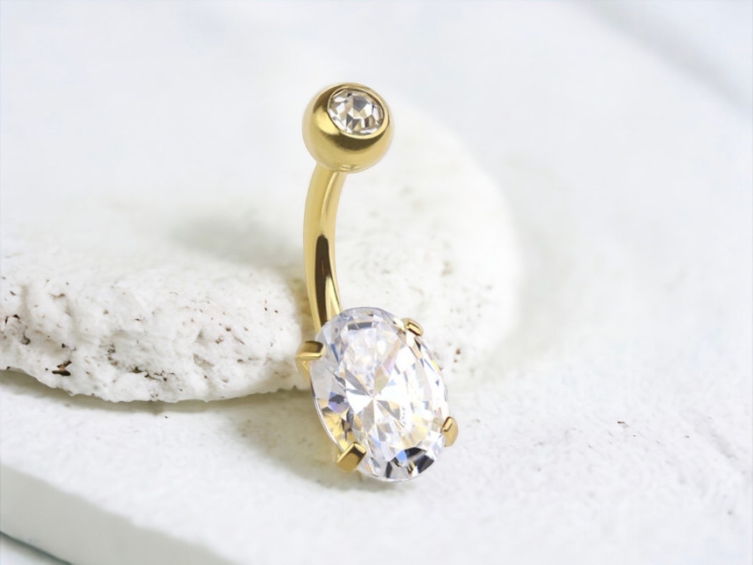 Oval Belly Ring, Simple Style Dainty Oval Sparkle Gem Belly Button Ring ...