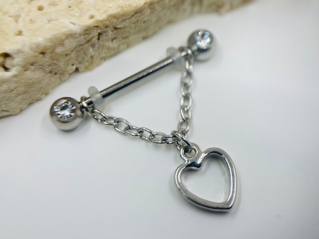 14G Dangling Chain & Heart Nipple Barbell, Hanging Chain Nipple Bars ...