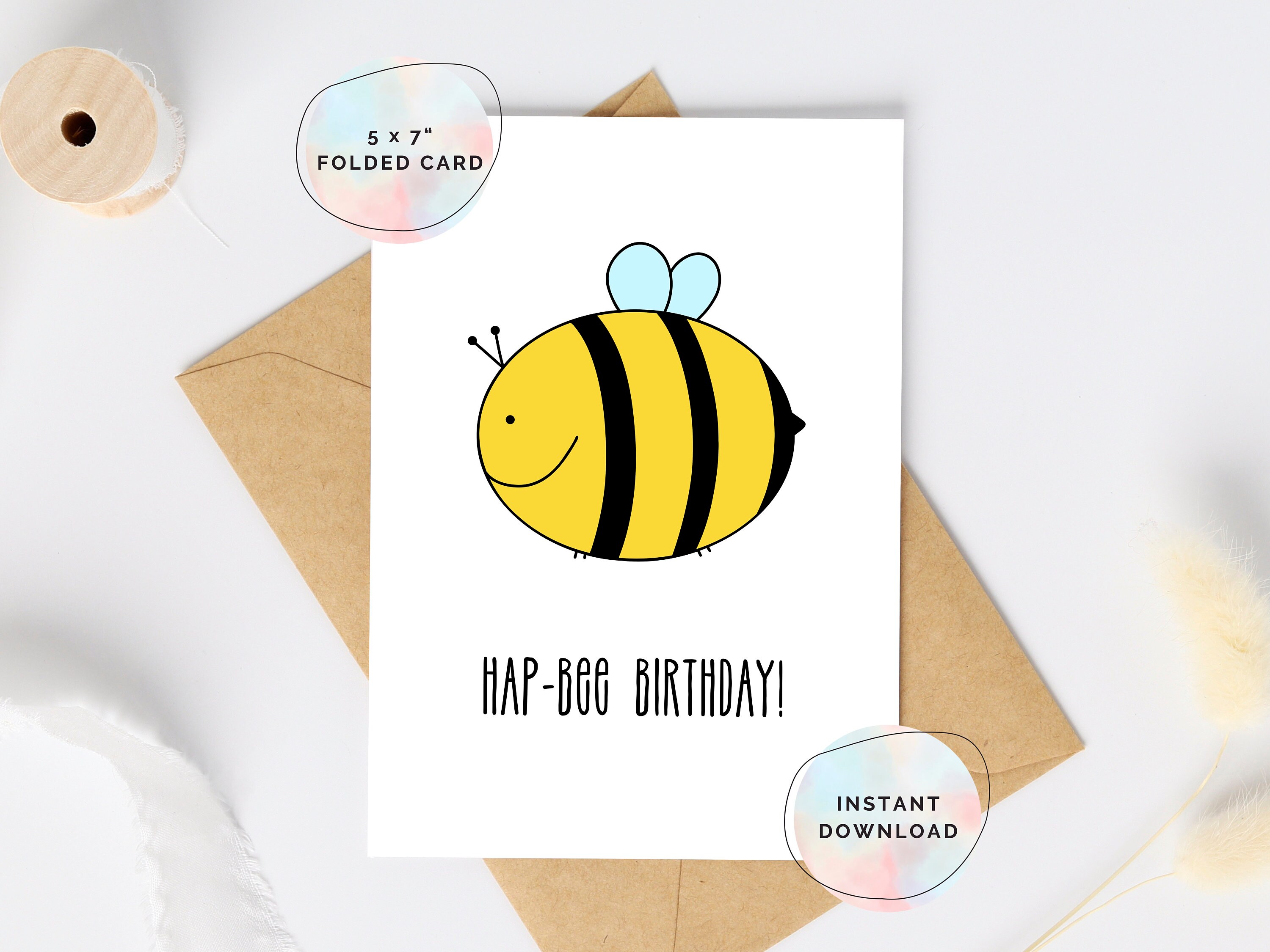 Cute Bee Happy Birthday Card Instant Digital Download Printable ...