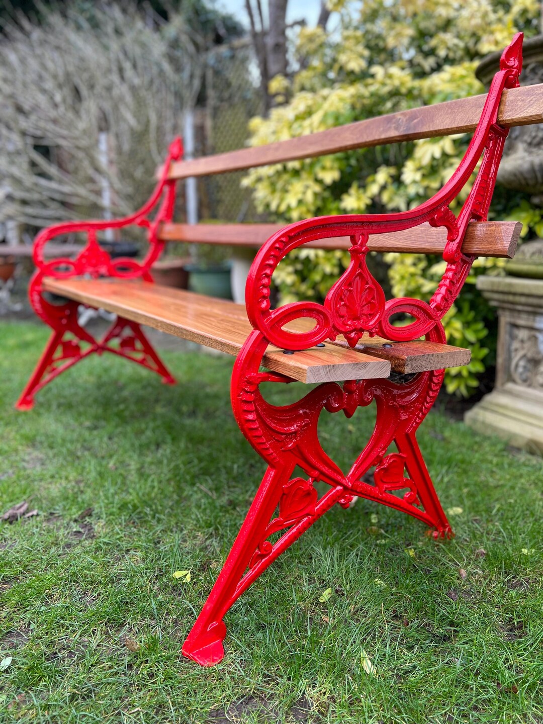 Ornate Red Garden Bench With Oak Planks - Etsy