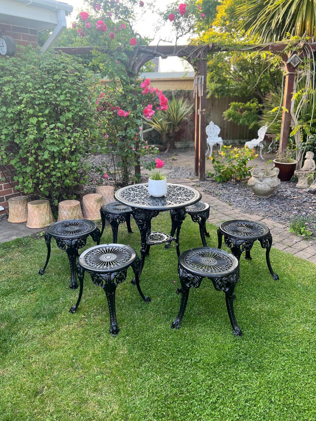 Patio Set Table and Six Stools in Black - Etsy