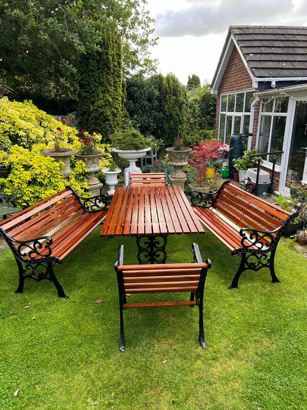 Cast Iron Patio Set Adorned With Sapele Wood 3 Seater Benches Included ...