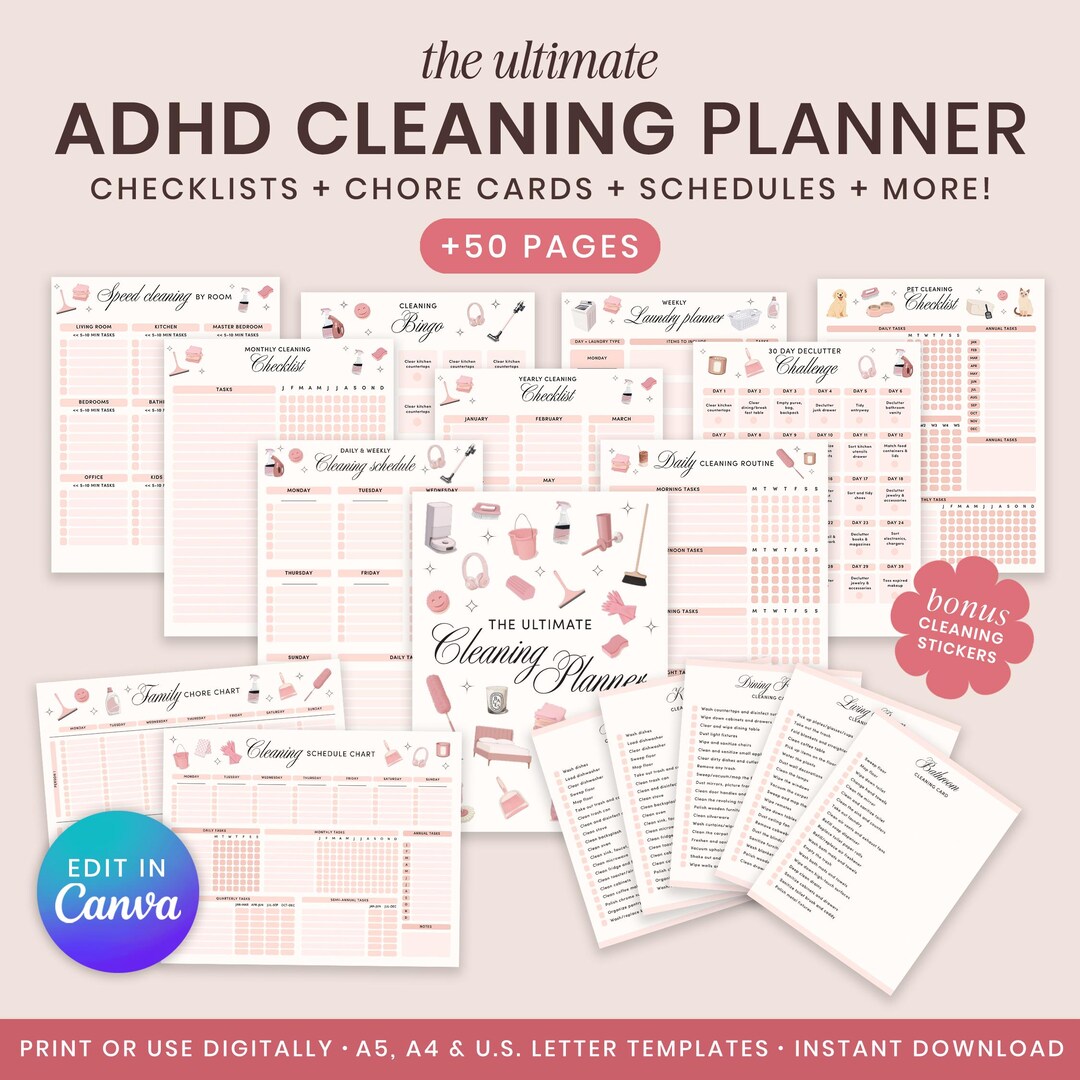 ADHD Cleaning Planner, Chore Charts, Checklists (digital) - Etsy