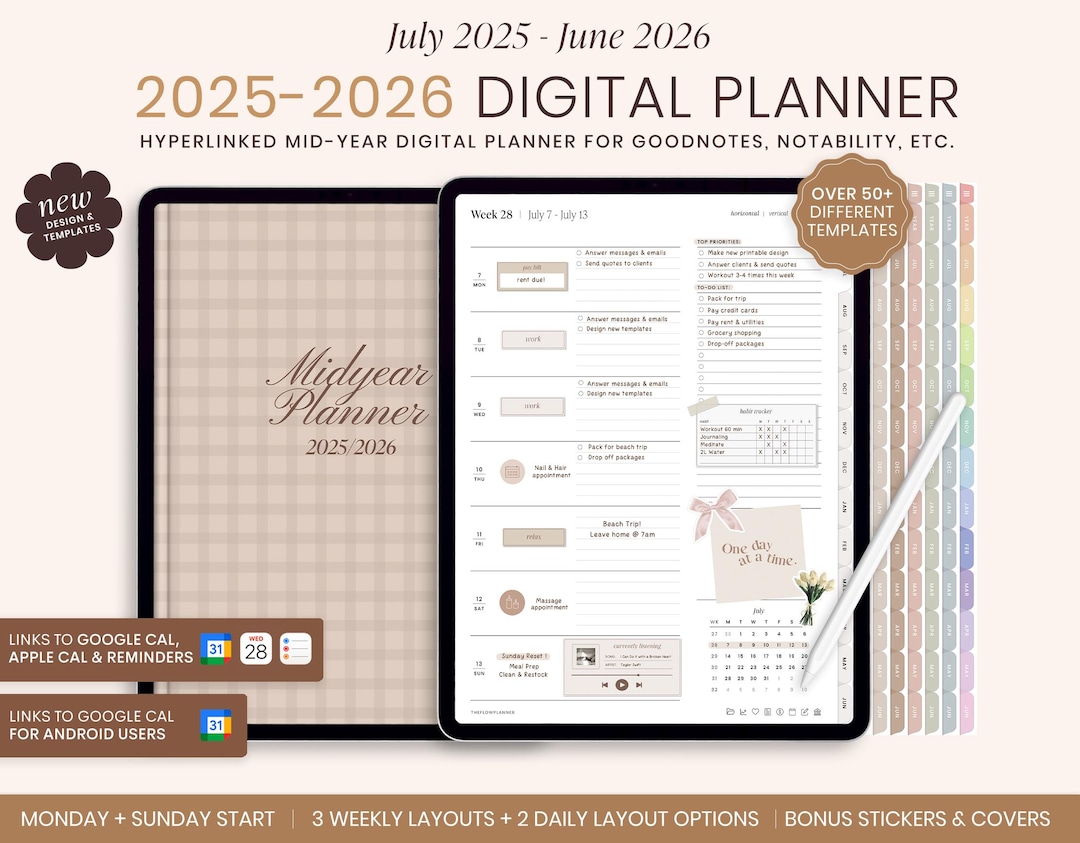 2025 2026 Mid Year Digital Planner, Dated Daily, Weekly, Monthly ...
