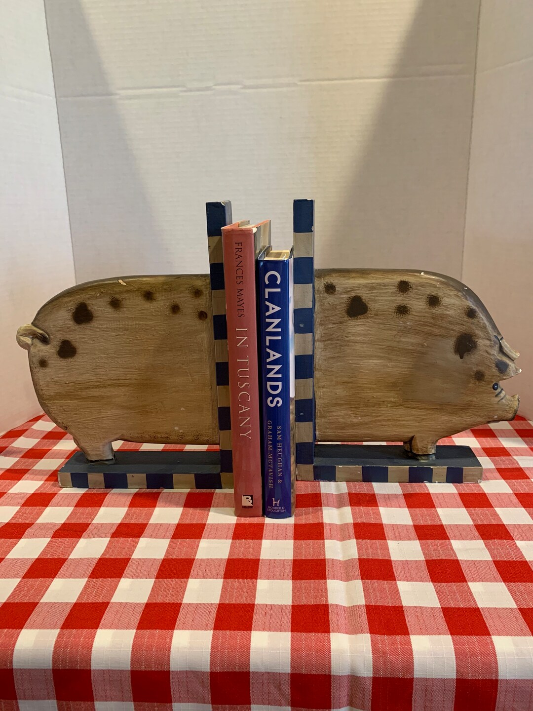 Wooden Farm Pig Bookends With Blue Gingham Trim, Distressed, Charming ...