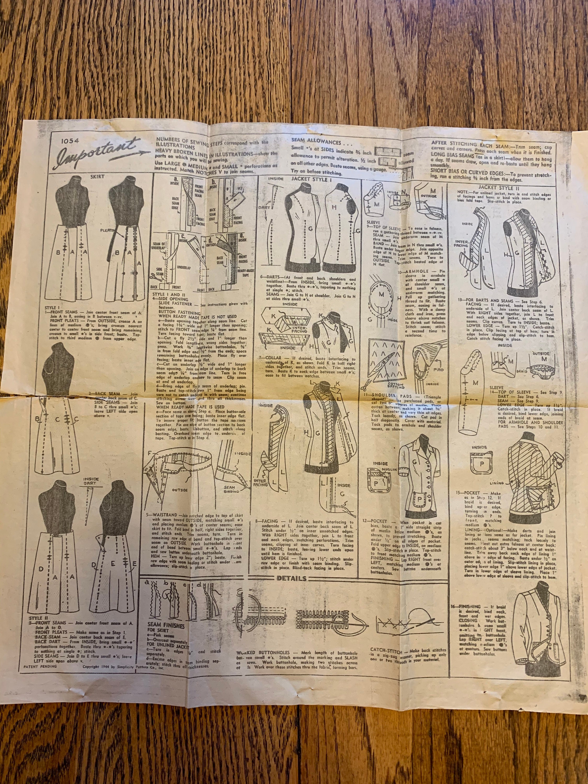 1940's 2pc Suit Pattern, Simplicity 1054 Original Sewing Pattern - Etsy.de