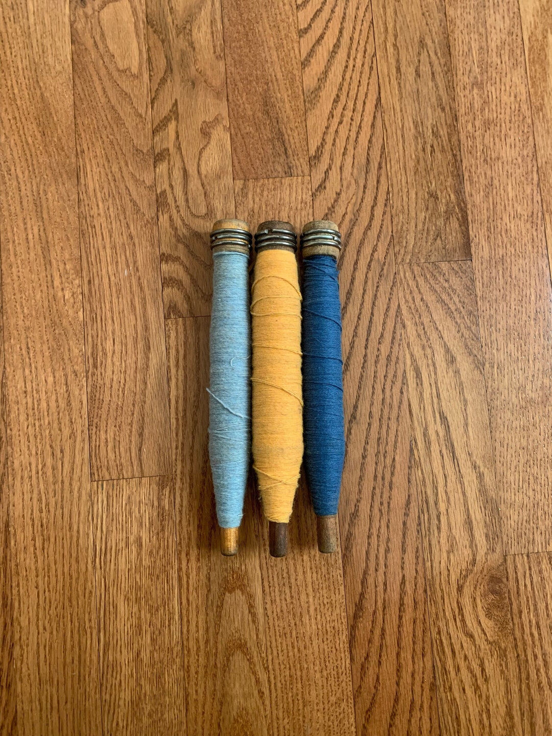 Wood Bobbins, Vintage Textile Spools, Wound With Wool, Industrial ...