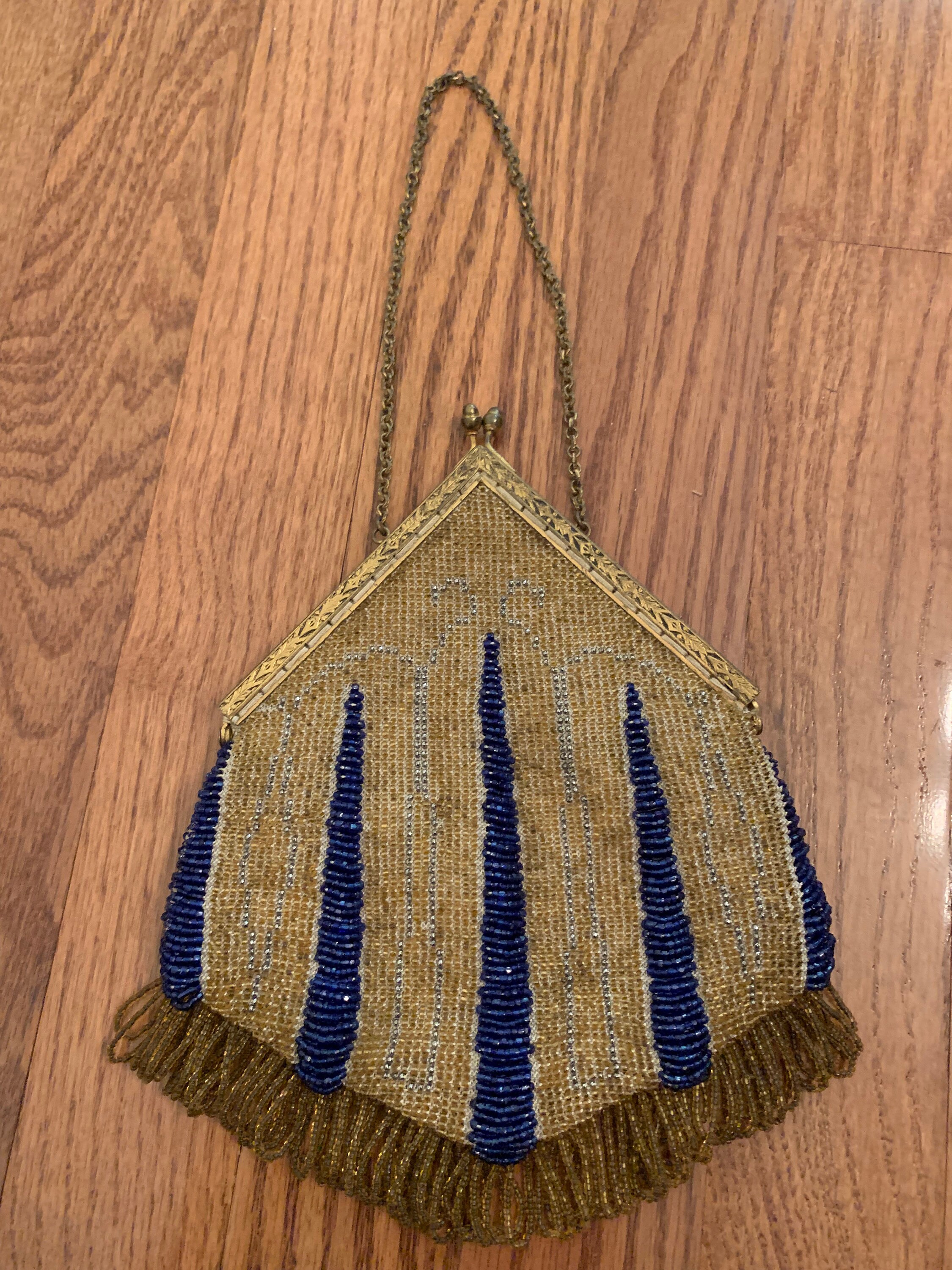 1920's Micro Beaded Fringed Handbag Gold, Blue & Silver, Ornate Metal ...