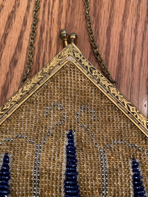 1920's Micro Beaded Fringed Handbag Gold, Blue & Silv… - Gem